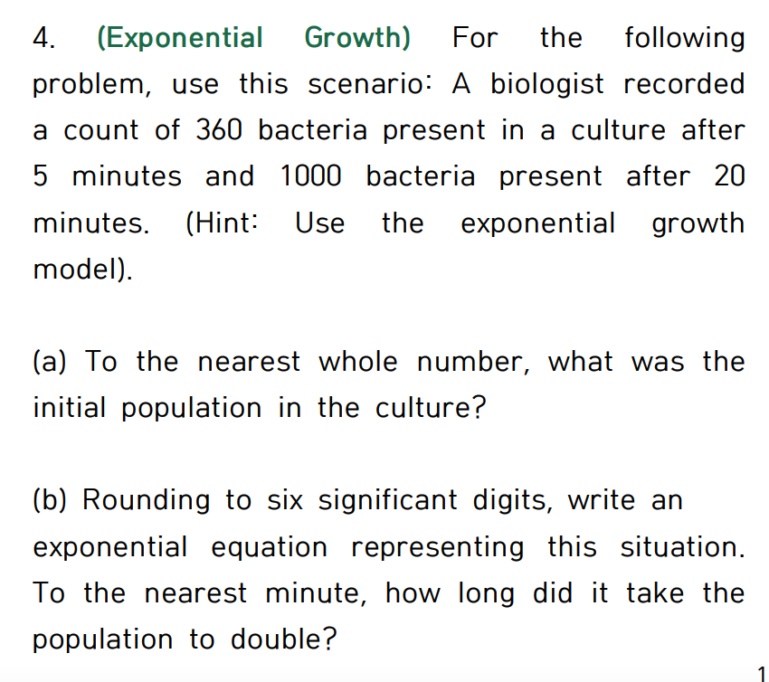 Solved 4. (Exponential Growth) For the following problem, | Chegg.com