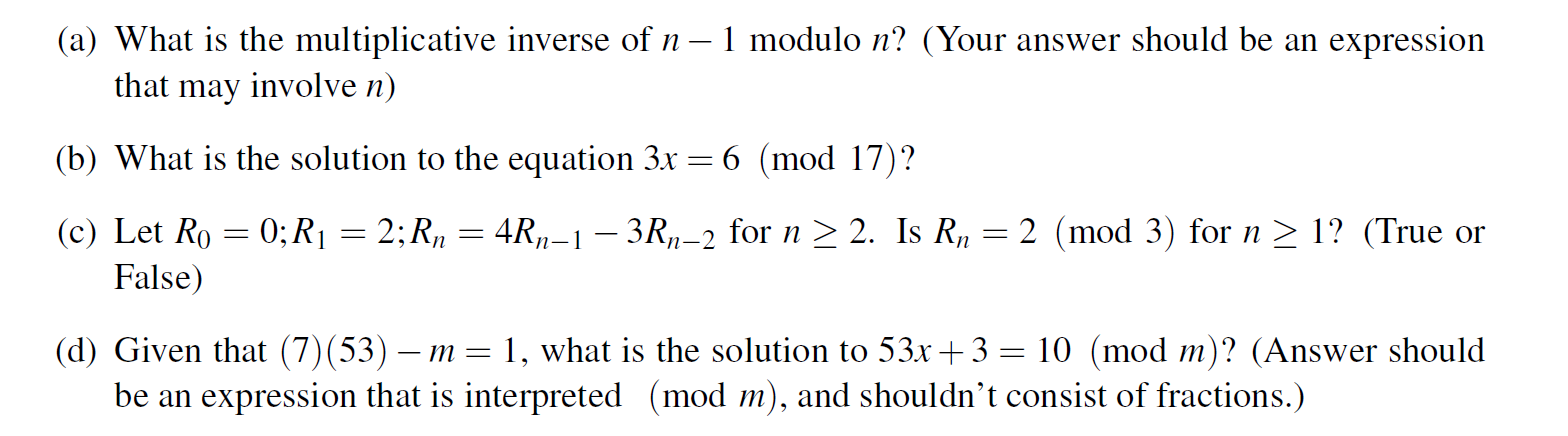 Solved (a) What is the multiplicative inverse of n - 1 | Chegg.com