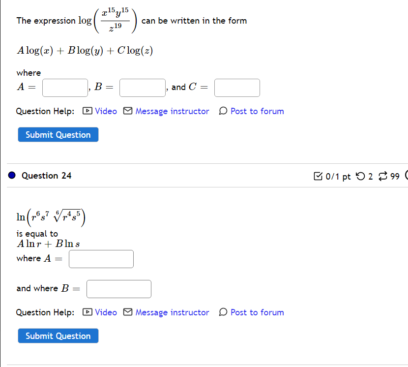 Solved 215y" ,15 The expression log can be written in the | Chegg.com