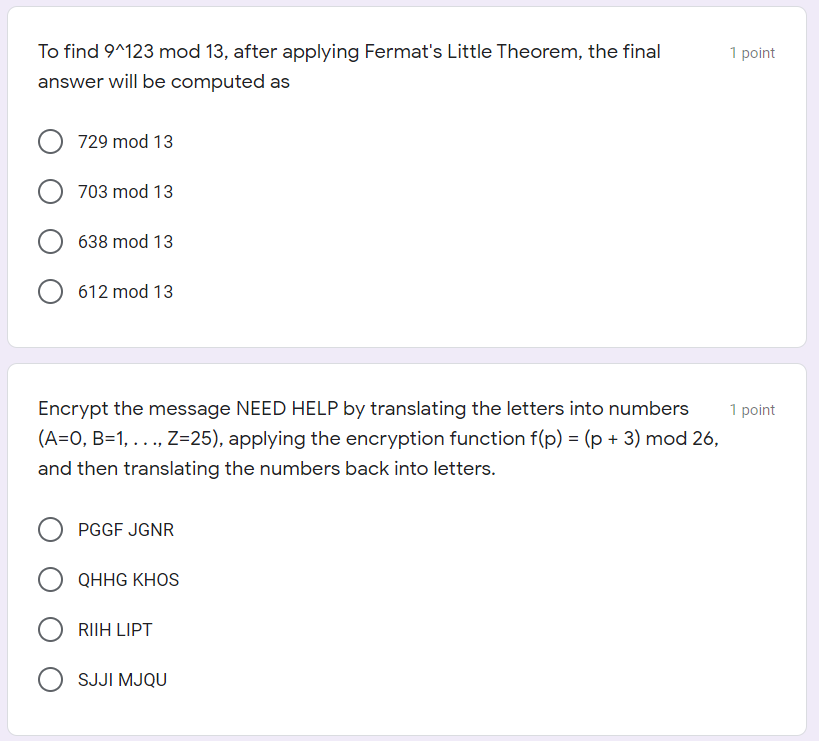 Solved 1 point To find 9^123 mod 13, after applying Fermat's | Chegg.com