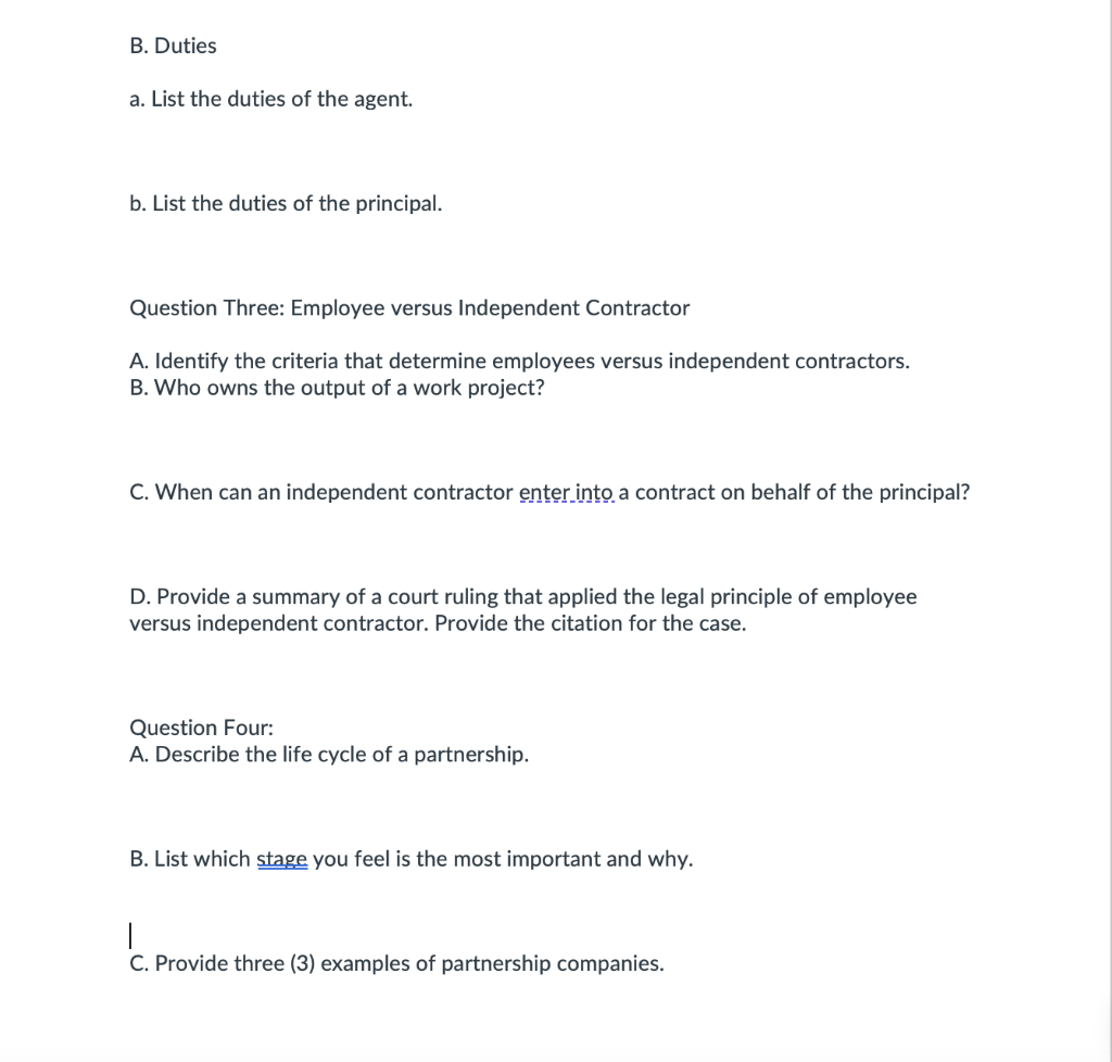 Solved B. Duties a. List the duties of the agent. b. List | Chegg.com
