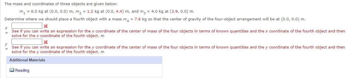 Solved The mass and coordinates of three objects are given | Chegg.com