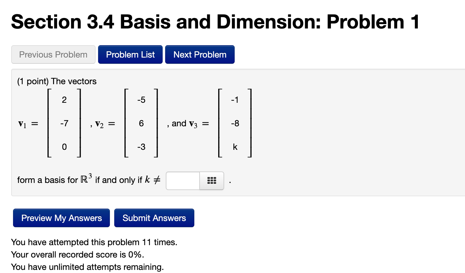 Solved Section 3.4 Basis and Dimension: Problem 1 Previous | Chegg.com