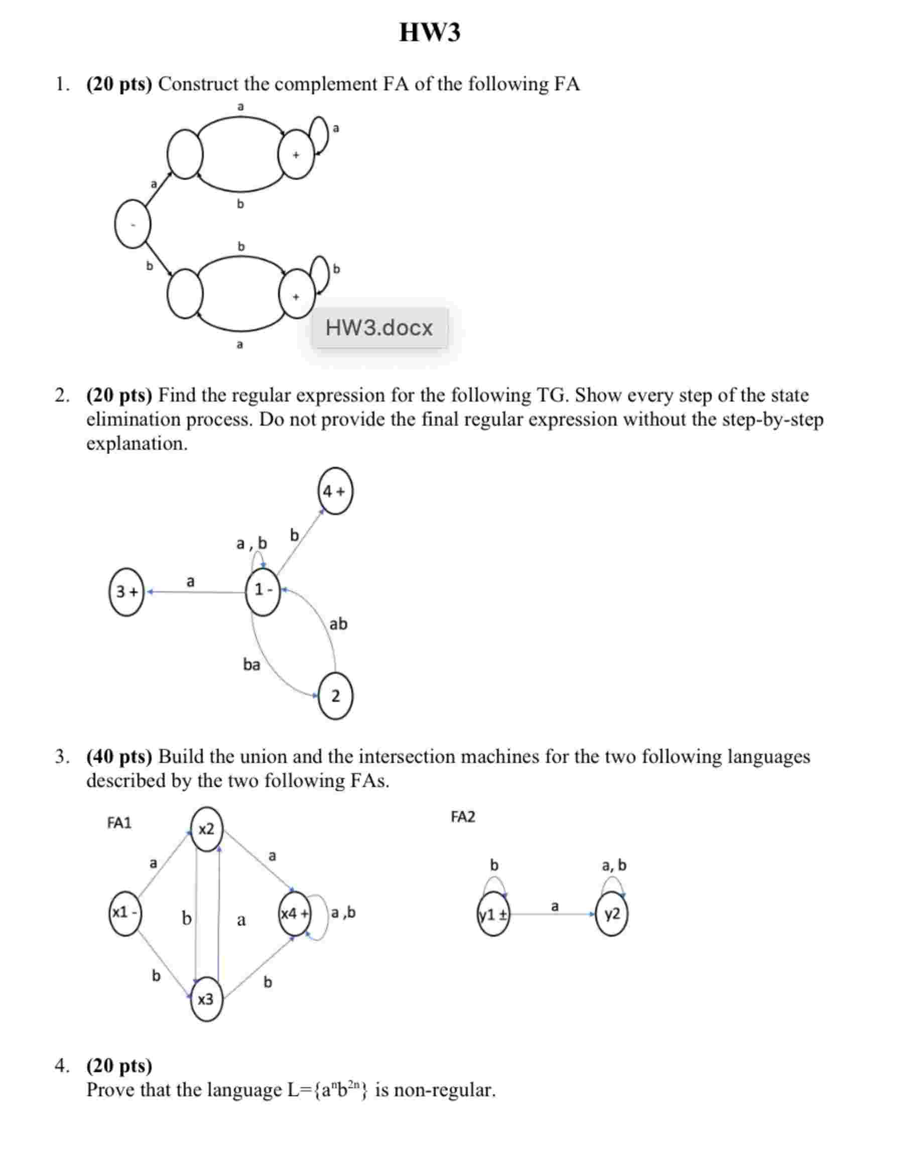 Solved 1. (20 ﻿pts) ﻿Construct the complement FA of the | Chegg.com