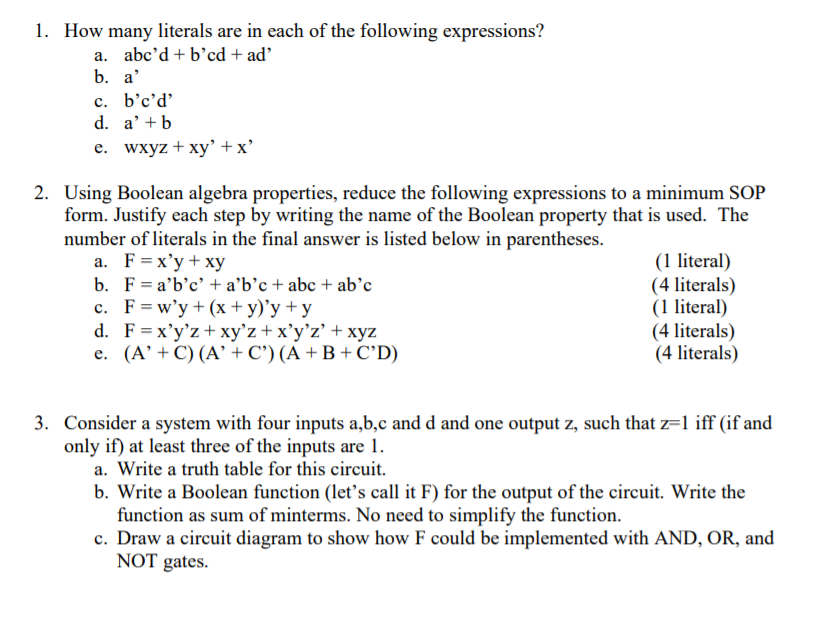 Solved 1. How many literals are in each of the following | Chegg.com