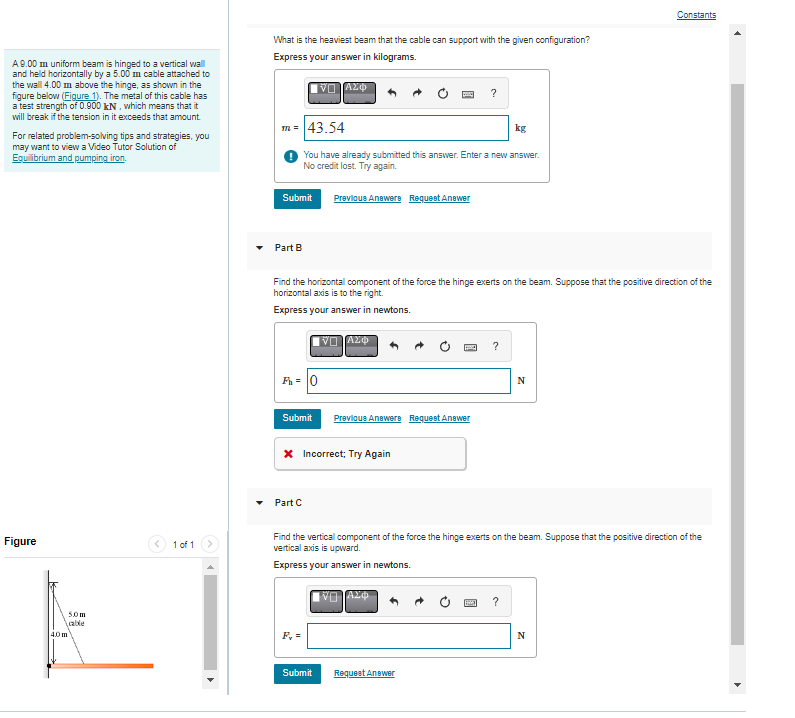 Solved Find the horizontal component of the force the hinge | Chegg.com