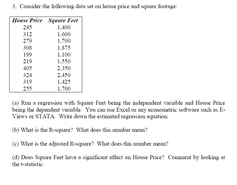 Solved 3. Consider the following data set on house price and | Chegg.com