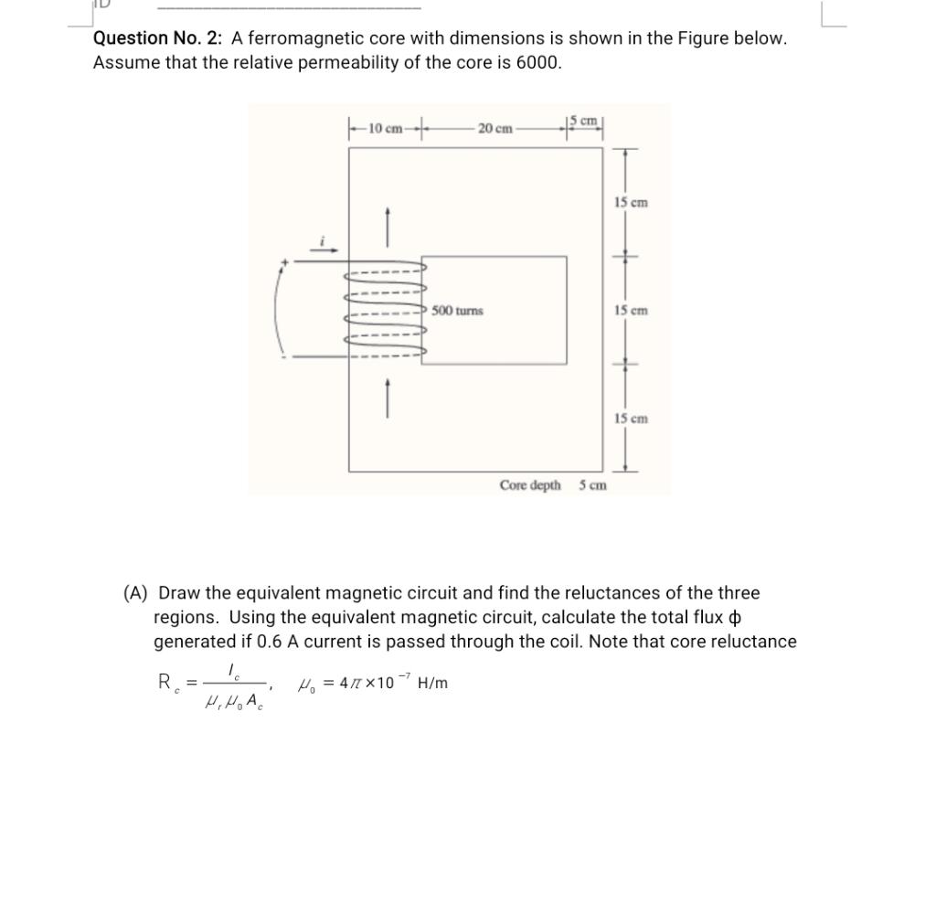 Solved Question No. 2: A ferromagnetic core with dimensions | Chegg.com