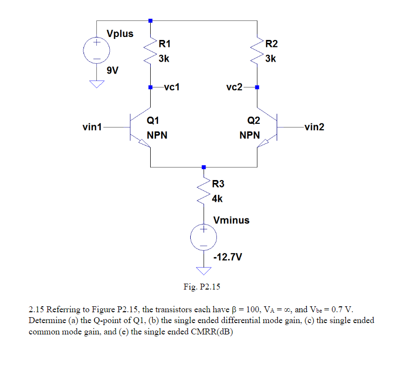 Solved Vplus + R1 3k R2 Зk 9V vc1 vc2 vin1 Q1 NPN Q2 NPN | Chegg.com