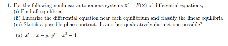 1. For the following nonlinear autonomous systems | Chegg.com