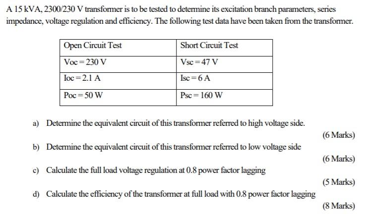 Solved A 15 kVA, 2300/230 V transformer is to be tested to | Chegg.com Solved A 15 kVA, 2300/230 V transformer is to be tested to | Chegg.com