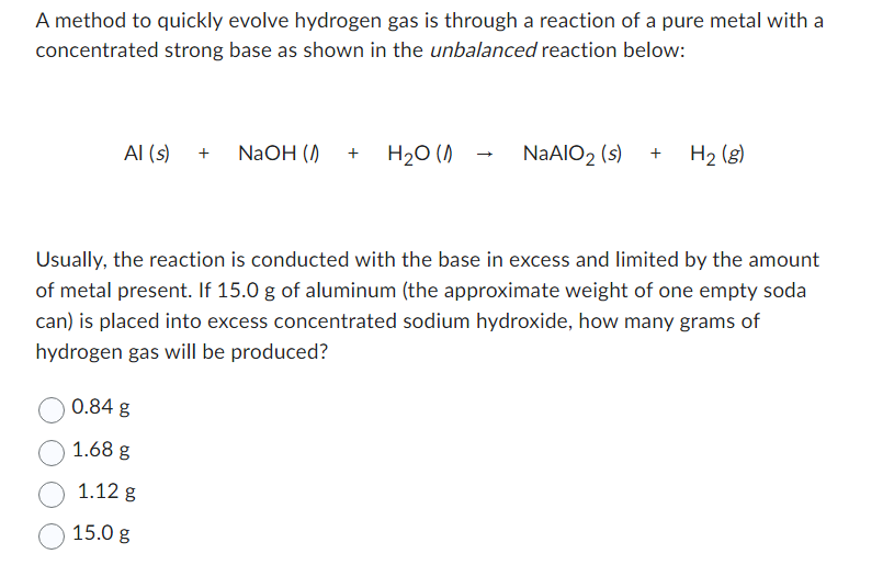 Solved A method to quickly evolve hydrogen gas is through a | Chegg.com