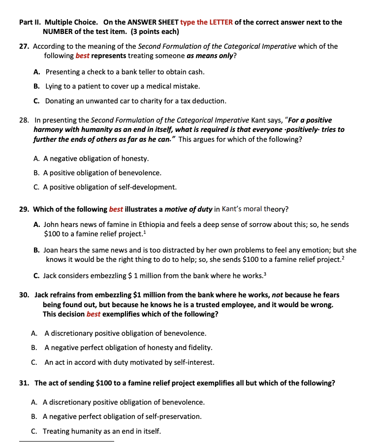 Part II. Multiple Choice. On the ANSWER SHEET type | Chegg.com