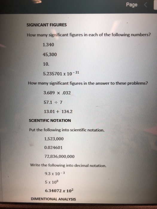 Solved Page SIGNICANT FIGURES How many significant figures | Chegg.com