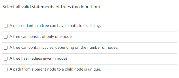 Solved Select all valid statements of trees (by definition). | Chegg.com