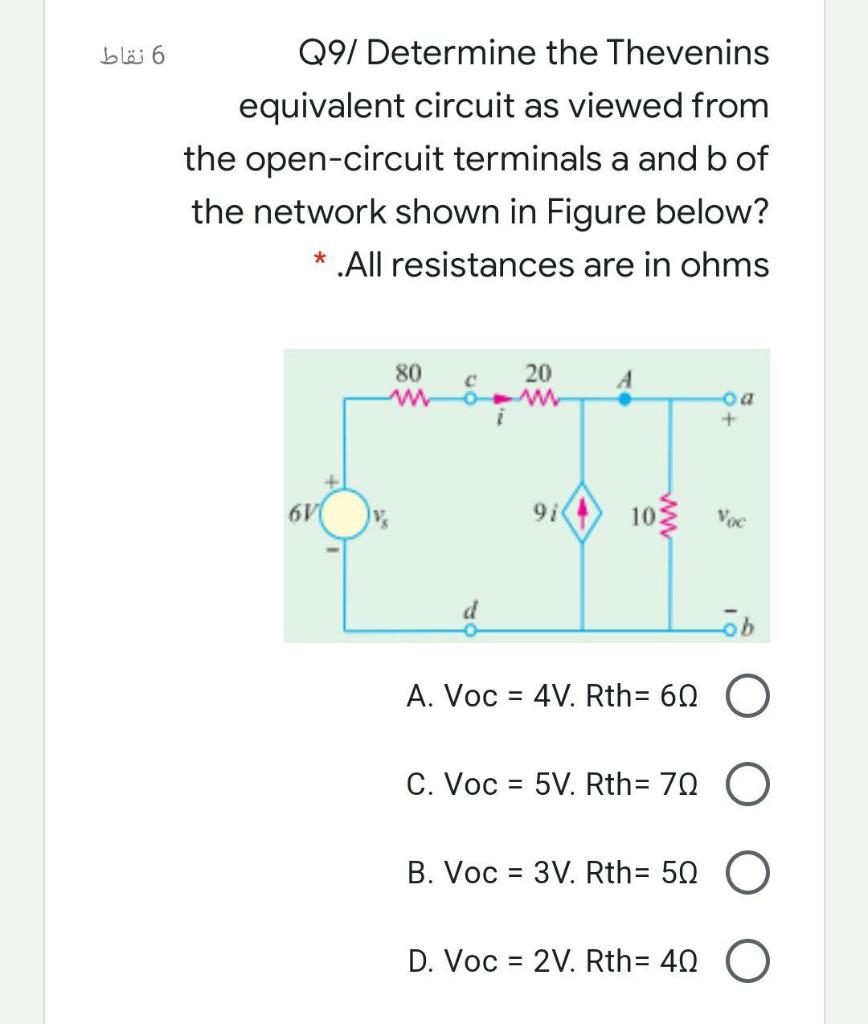 Solved 6 نقاط Q9/ Determine the Thevenins equivalent circuit | Chegg.com