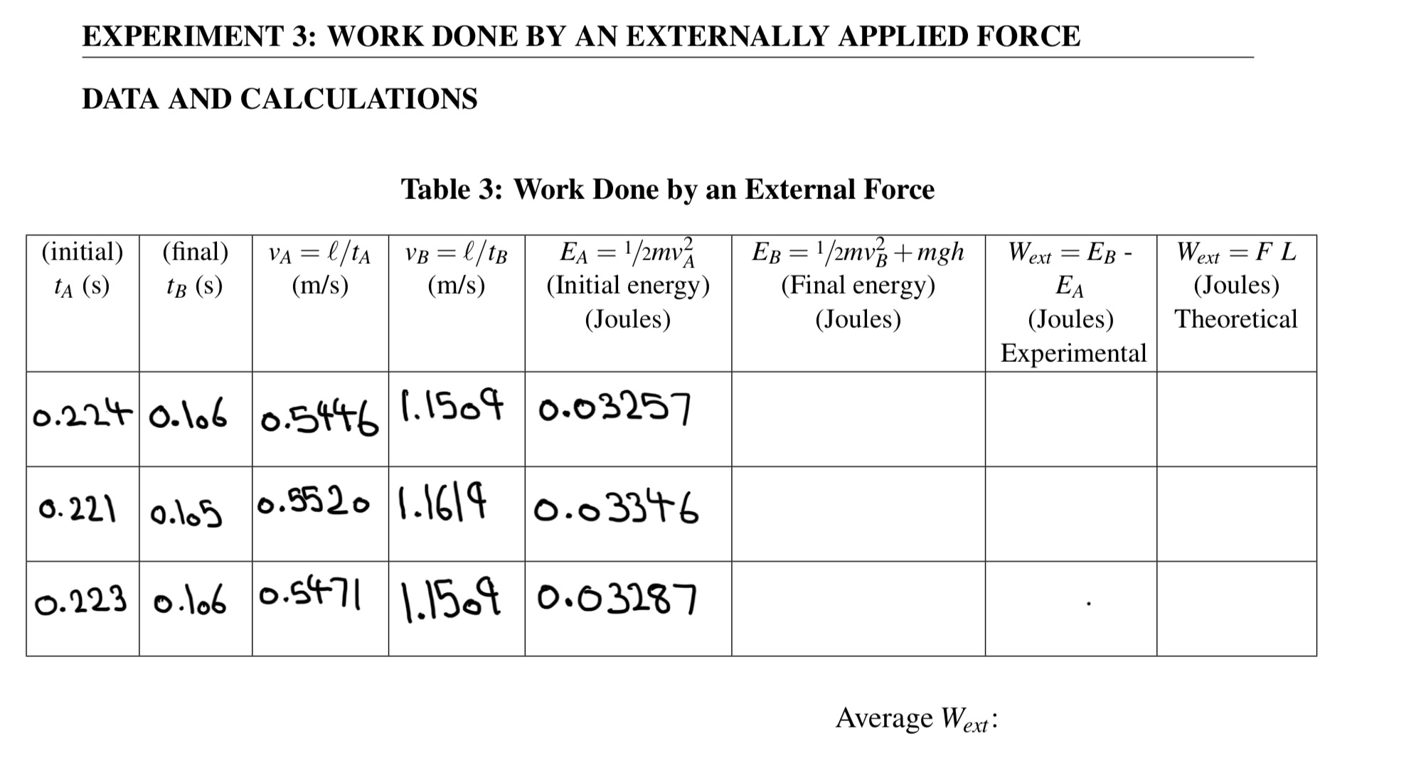 Solved Table 3: Work Done by an External Force Average Wext | Chegg.com
