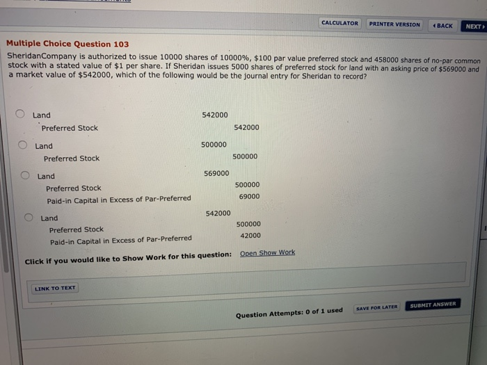 Solved CALCULATOR PRINTER VERSION BACK NEXT Multiple Choice | Chegg.com