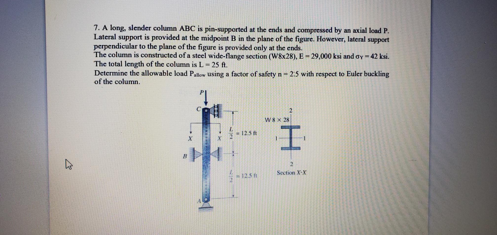 Solved 7. A long, slender column ABC is pin-supported at the | Chegg.com