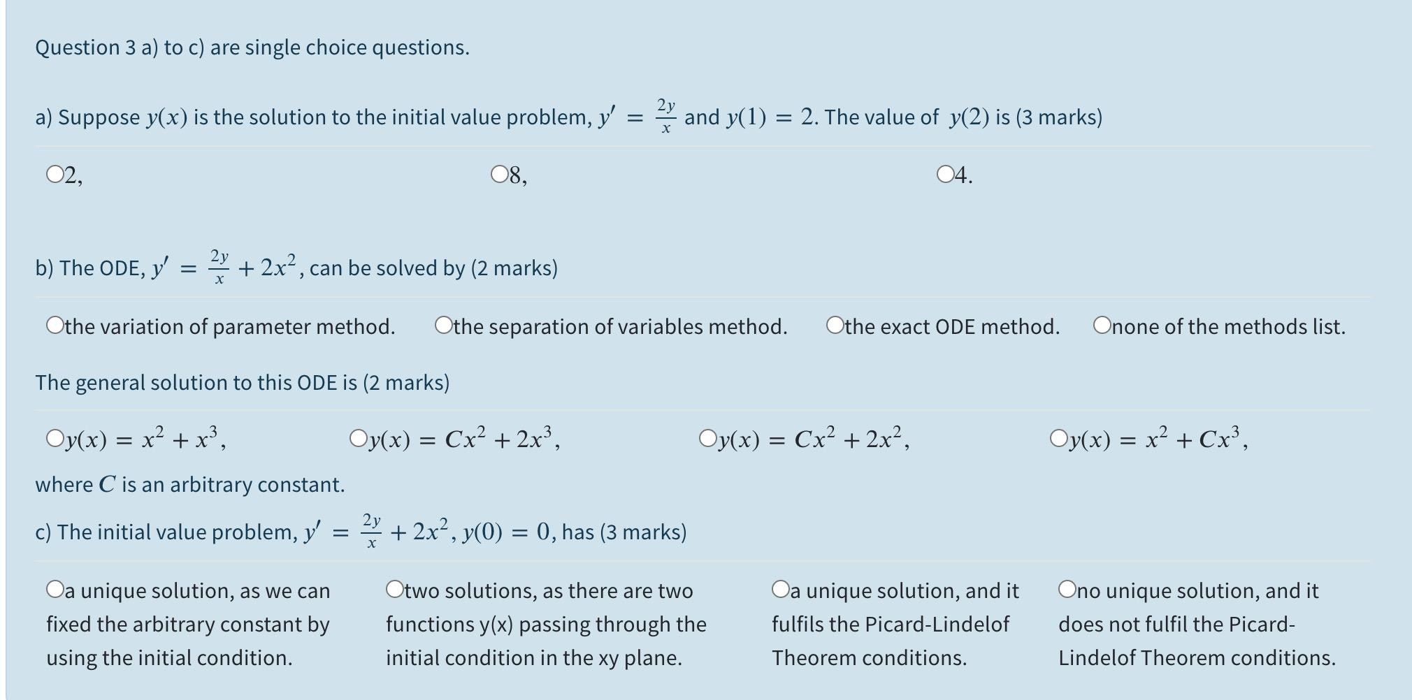 Solved Question 3 a) to c) are single choice questions. 2y | Chegg.com