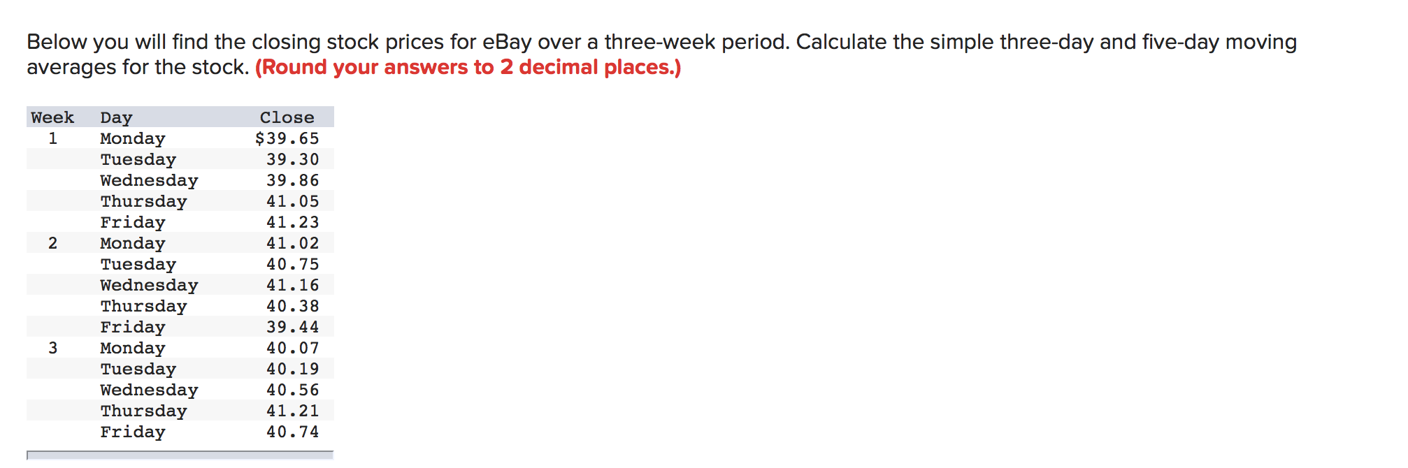 Solved Below you will find the closing stock prices for eBay | Chegg.com