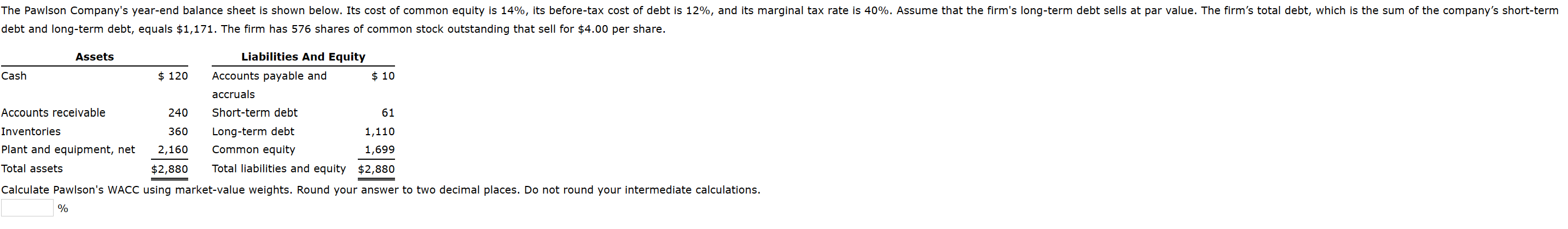 Solved debt and long-term debt, equals $1,171. The firm has | Chegg.com