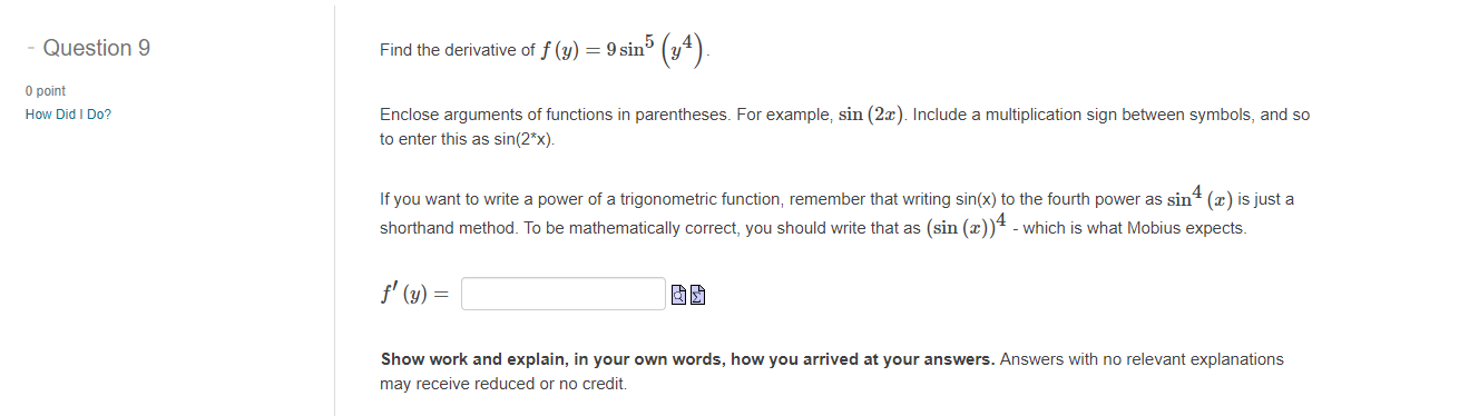 Solved Find the derivative of f(y)=9sin5(y4). Enclose | Chegg.com