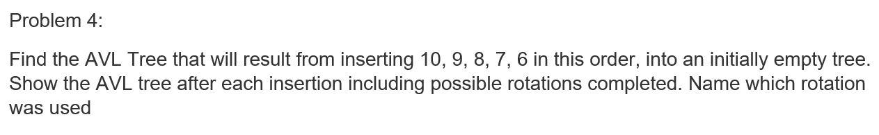 Solved Problem 4: Find the AVL Tree that will result from | Chegg.com