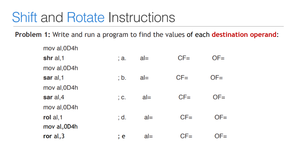 Shift And Rotate Instructions Problem 1 Write And