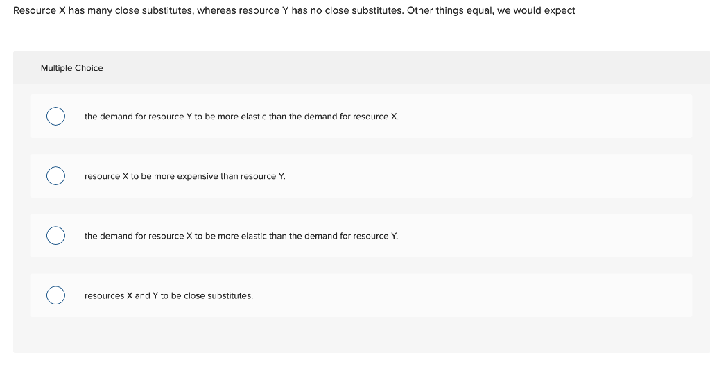 Solved Resource X has many close substitutes, whereas | Chegg.com