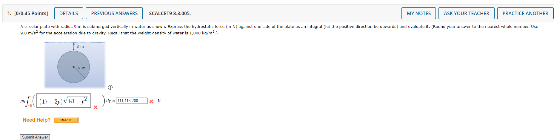 Solved A circular plate with radius9 mis submerged | Chegg.com