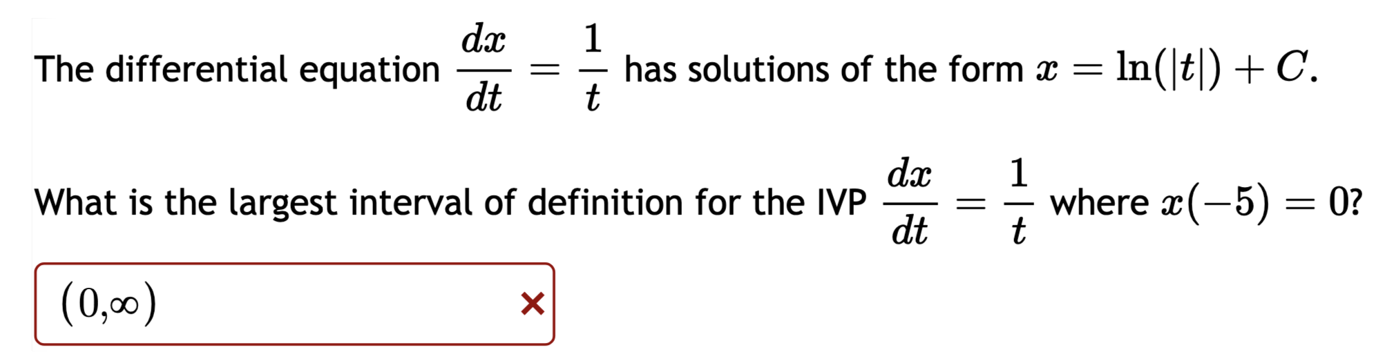 Solved The differential equation dxdt=1t ﻿has solutions of | Chegg.com
