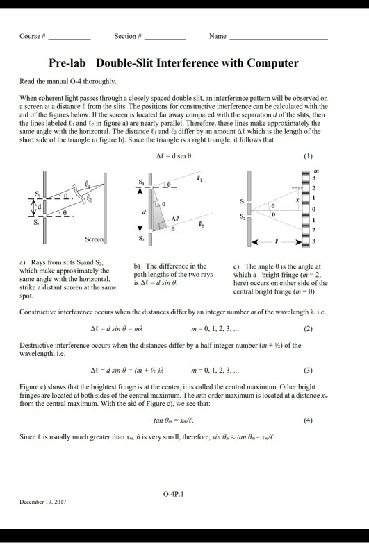 Solved Course # Section # Name Pre-lab Double-Slit | Chegg.com