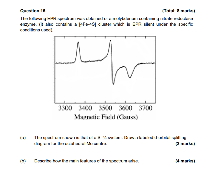 Solved Question 15 The following EPR spectrum was obtained | Chegg.com