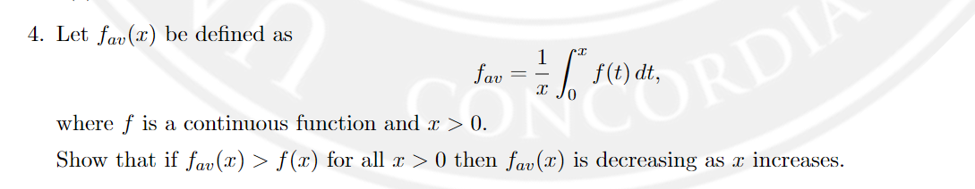 Solved 4. Let fav(x) be defined as 1 fav f(t) dt, where f is | Chegg.com