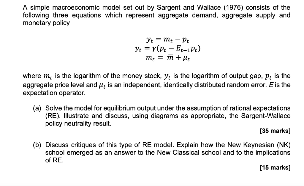 Solved A simple macroeconomic model set out by Sargent and | Chegg.com