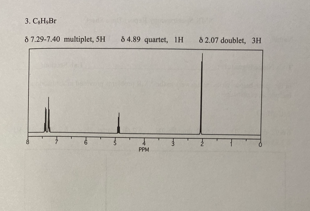 Solved 3. C3H,Br 8 7.29-7.40 multiplet, 5H 84.89 quartet, 1H | Chegg.com