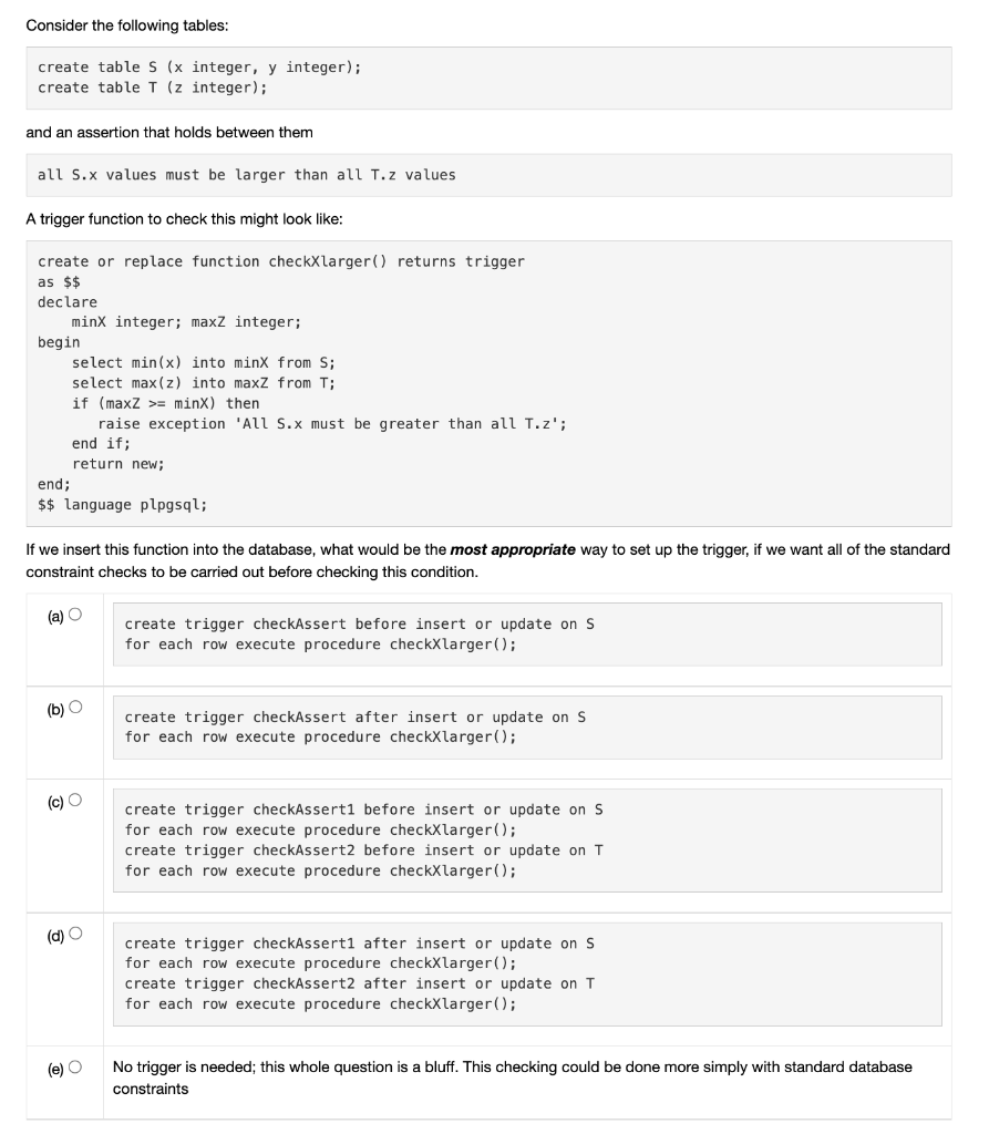 Solved Consider the following tables: create table S (x | Chegg.com