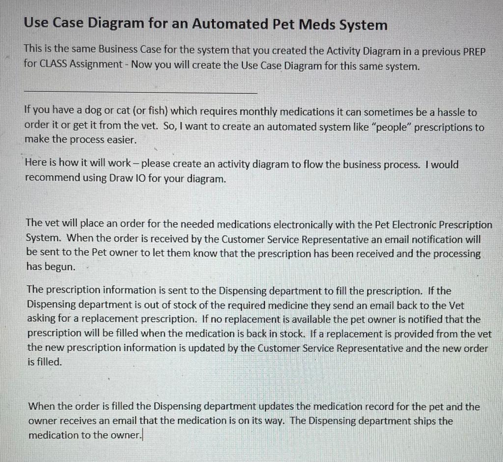 Solved Use Case Diagram for an Automated Pet Meds System | Chegg.com