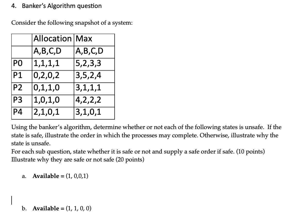 Solved 4. Banker's Algorithm question Consider the following | Chegg.com