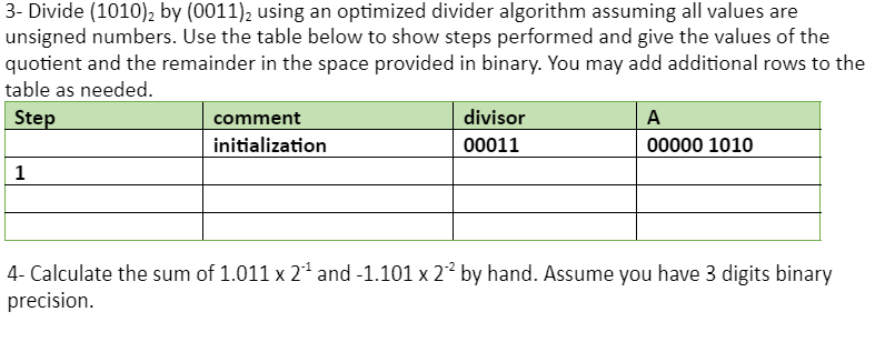Solved 3- Divide (1010)2 by (0011)2 using an optimized | Chegg.com