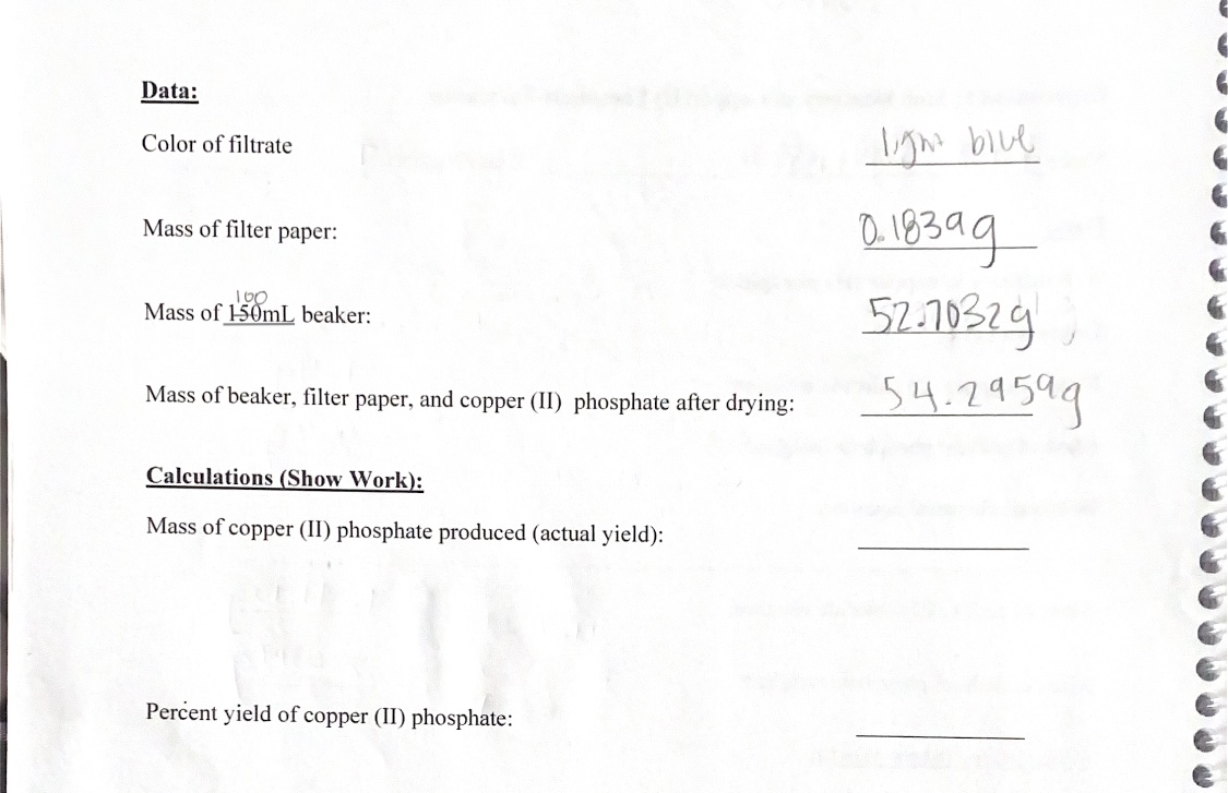 Data: Color of filtrate Mass of filter paper: 0.18399 | Chegg.com