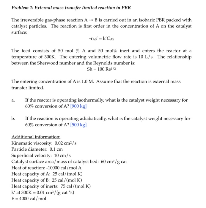 Solved Problem 1: External mass transfer limited reaction in | Chegg.com