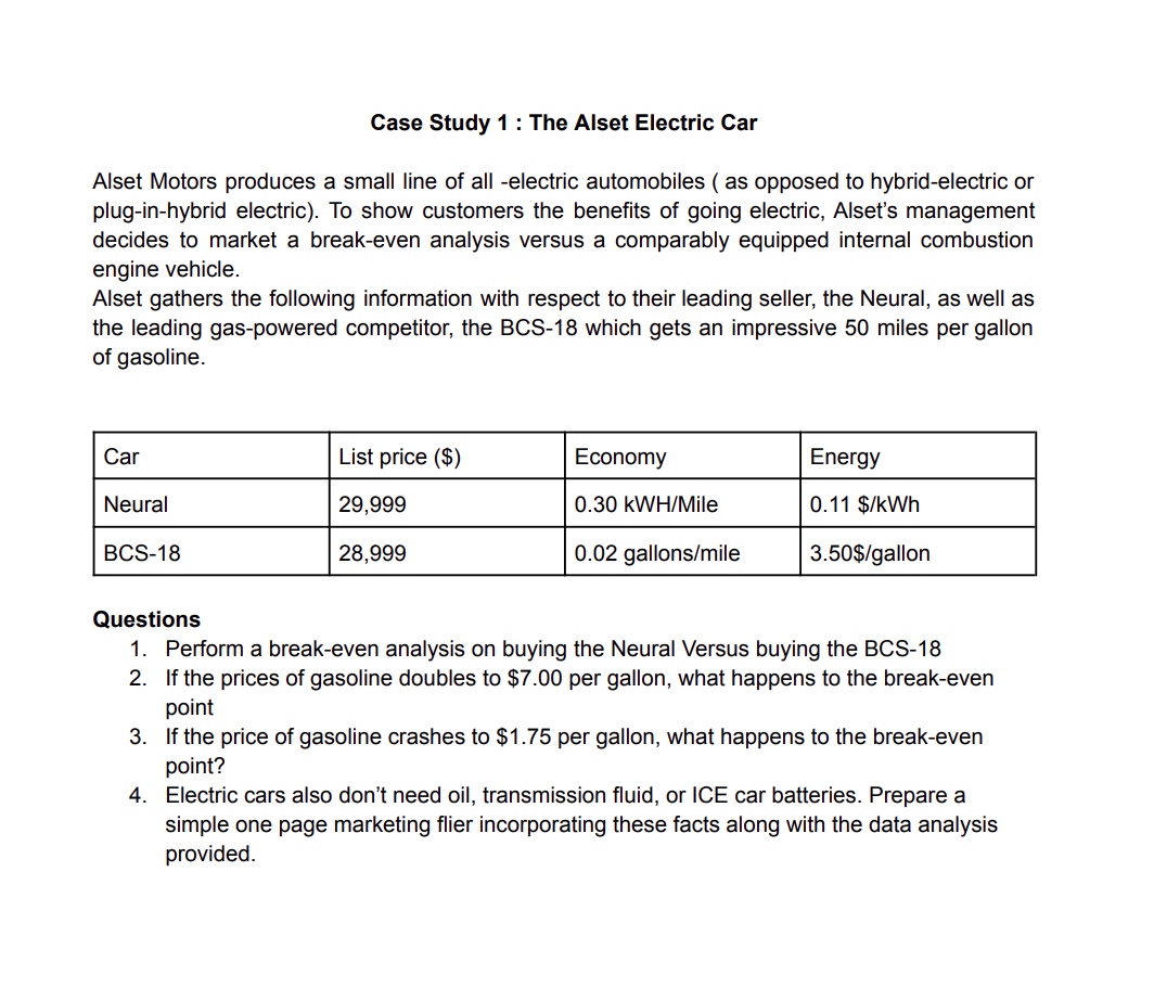 Solved Case Study 1 ﻿ : The Alset Electric CarAlset Motors | Chegg.com