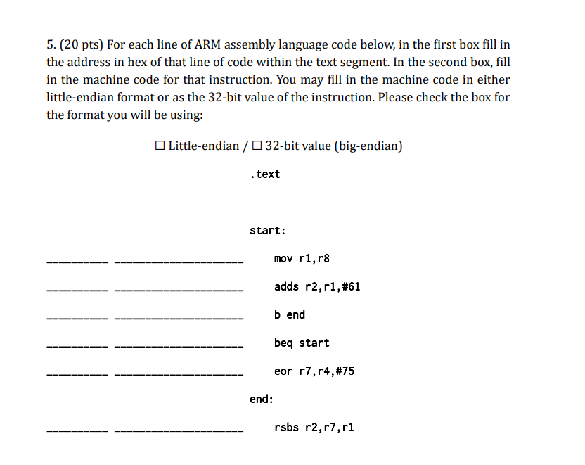 Solved 5. (20 pts) For each line of ARM assembly language | Chegg.com