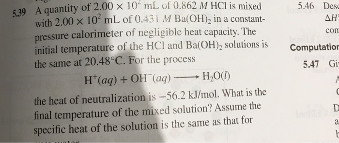 Solved ity of 2.00 × 102 mL of 0.862 M HCl is mixed 5.46 Des | Chegg.com
