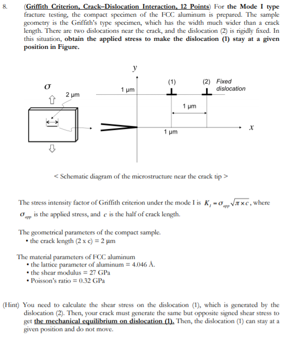 Solved 8. Griffith Criterion, Crack-Dislocation Interaction, | Chegg.com
