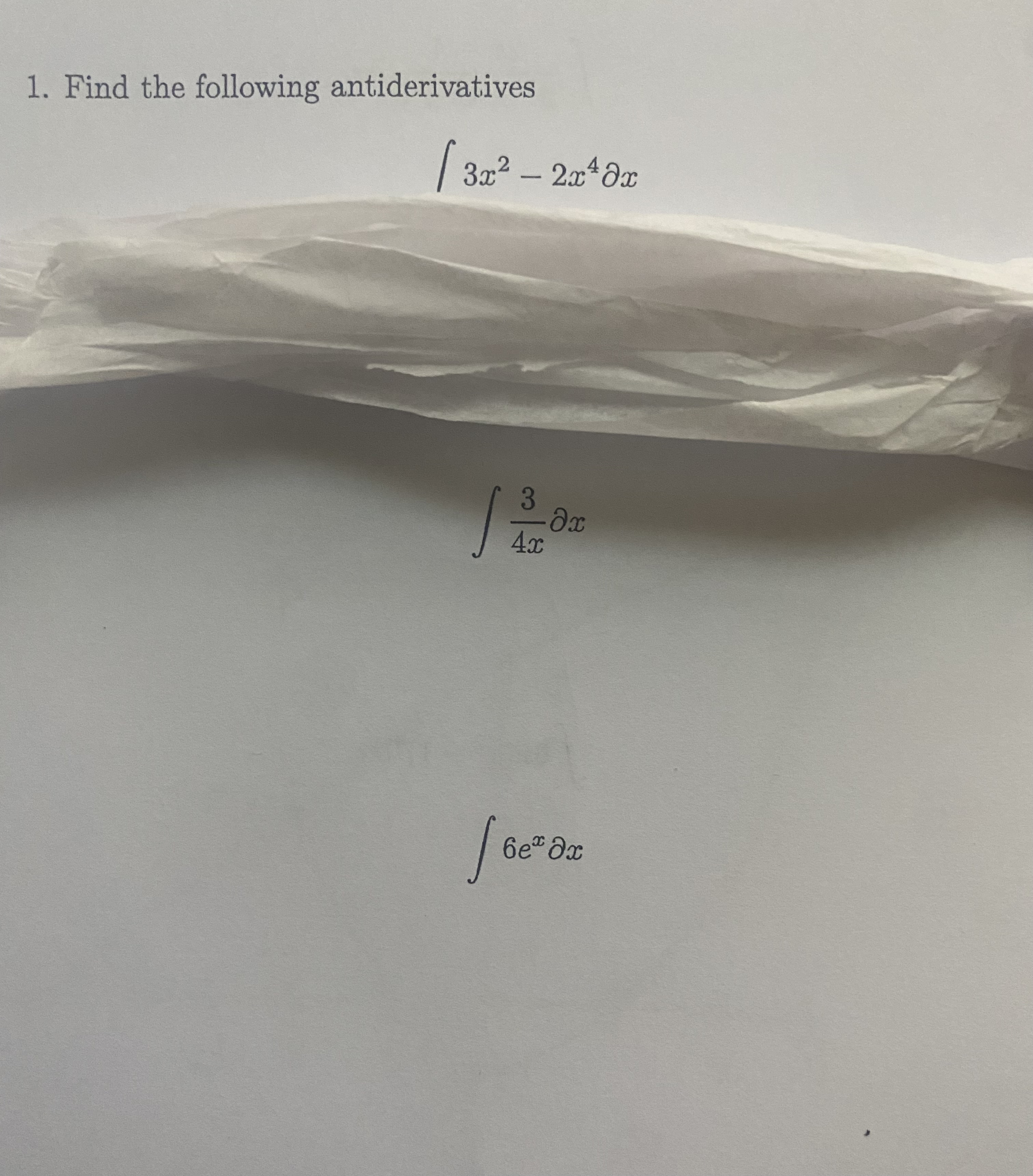 Solved 1. Find the following antiderivatives ∫3x2−2x4∂x | Chegg.com