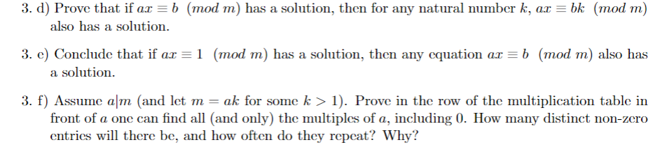 Solved 3. d) Prove that if ax≡b(modm) has a solution, then | Chegg.com