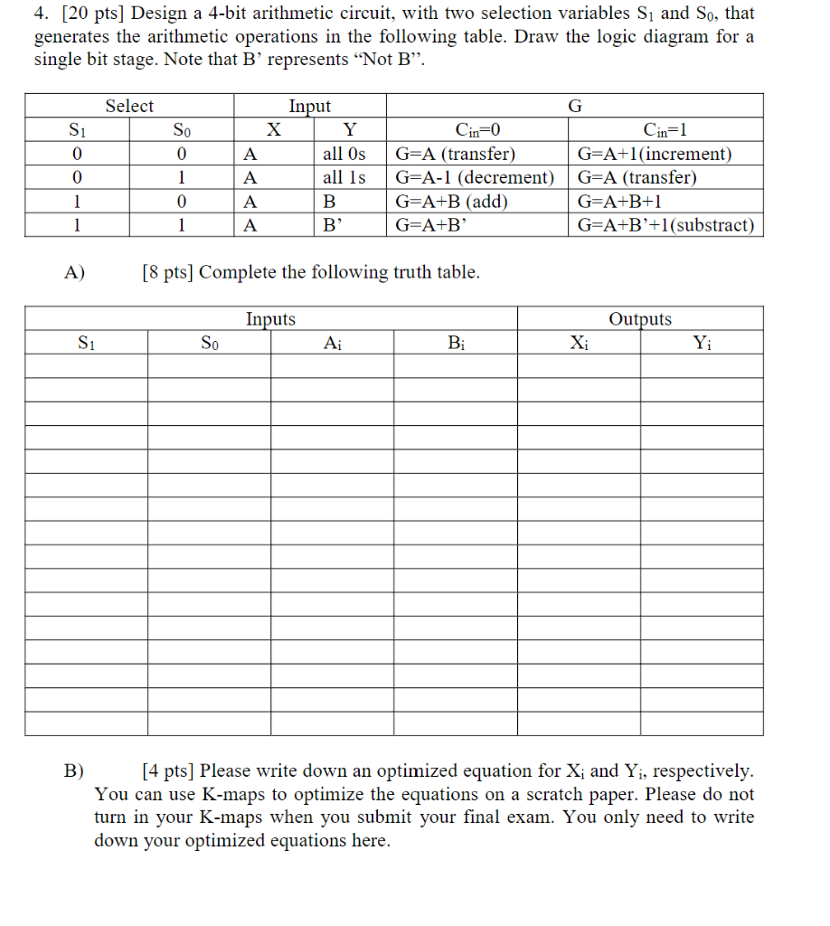 Solved 4. [20 pts] Design a 4-bit arithmetic circuit, with | Chegg.com